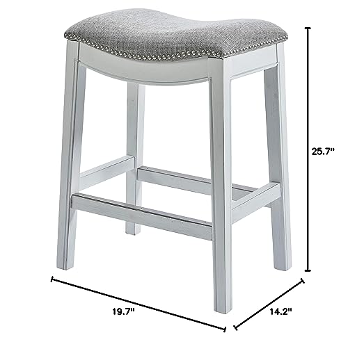 New Ridge Home Goods Zoey 26in. Counter-Height Backless Wood Saddle-Seat Barstool with Nailhead Trim, Alabaster White