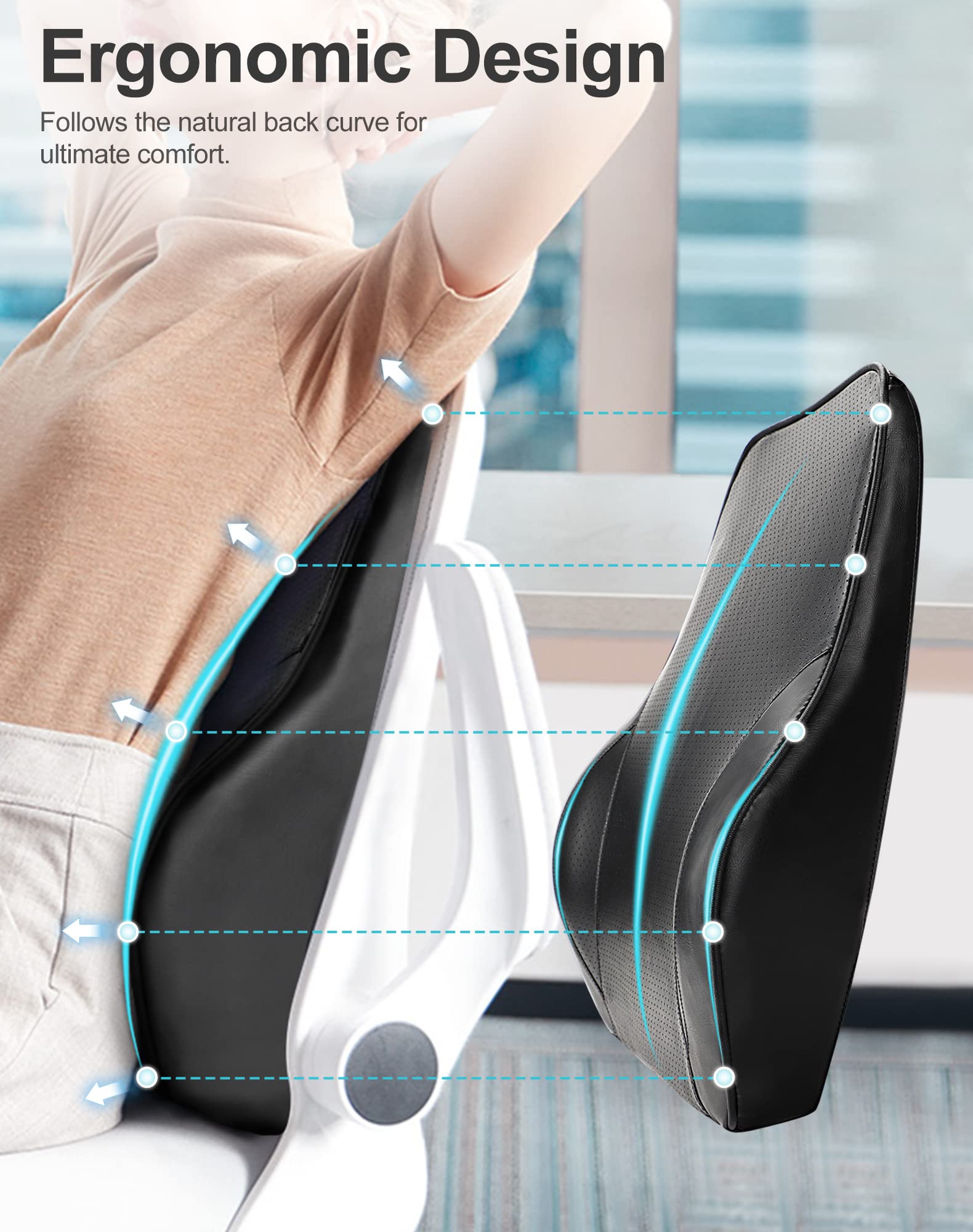 SEG Direct Lumbar Support Pillow for Car, Back Support with Vibrating Motors 12V, for Driving Fatigue Back Pain Relief, Memory Foam with Leather Cover, for Car Seat Home Office Chair