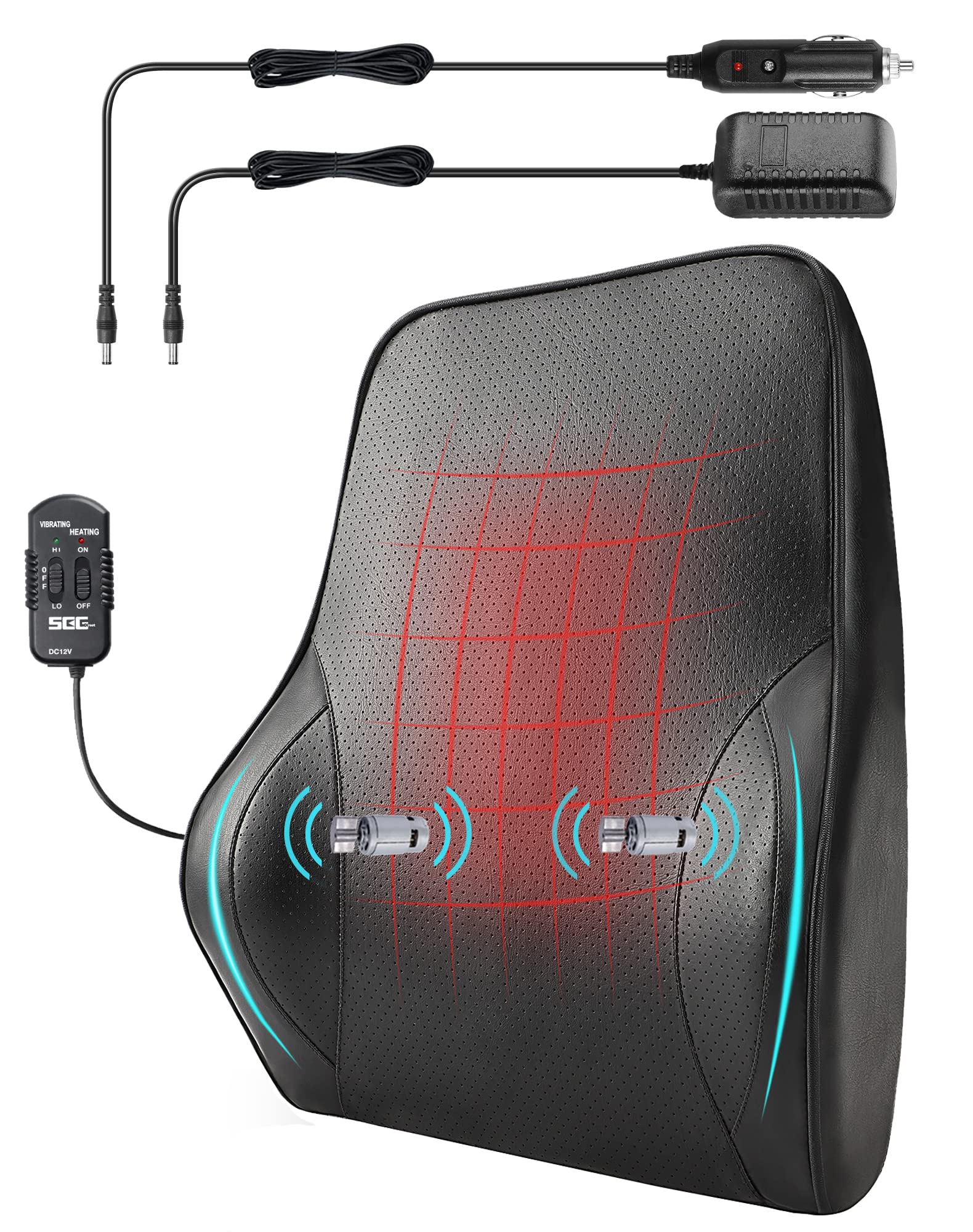 SEG Direct Lumbar Support Pillow for Car, Back Support with Vibrating Motors 12V, for Driving Fatigue Back Pain Relief, Memory Foam with Leather Cover, for Car Seat Home Office Chair
