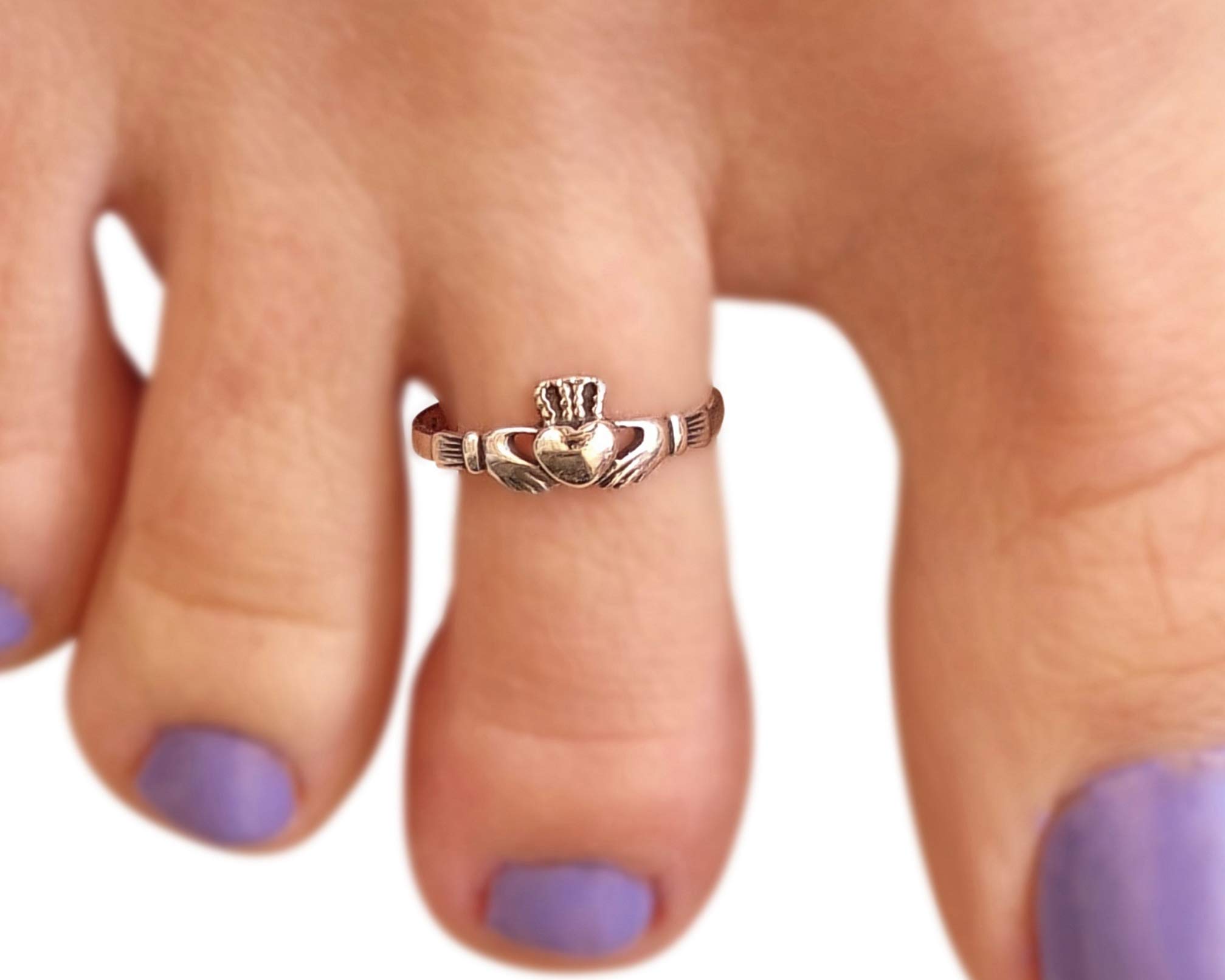 Handmade Silver Irish Claddagh Toe Ring, 925 Sterling Silver, Adjustable, Non Tarnish, Engagement, Crown Heart, Open Toe, Pinky, or Knuckle Rings for Women (Silver-Claddagh (077))