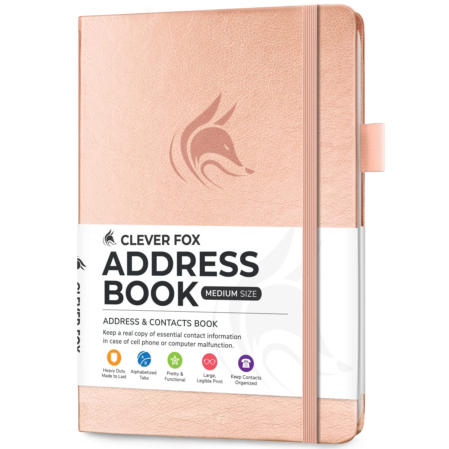 Clever Fox Address Book with alphabetic tabs - PU leather telephone and address book for keeping contacts safe, Contact Organizer Journal, Medium Size (5.3″ x 7.7″) Hardcover, Rose Gold