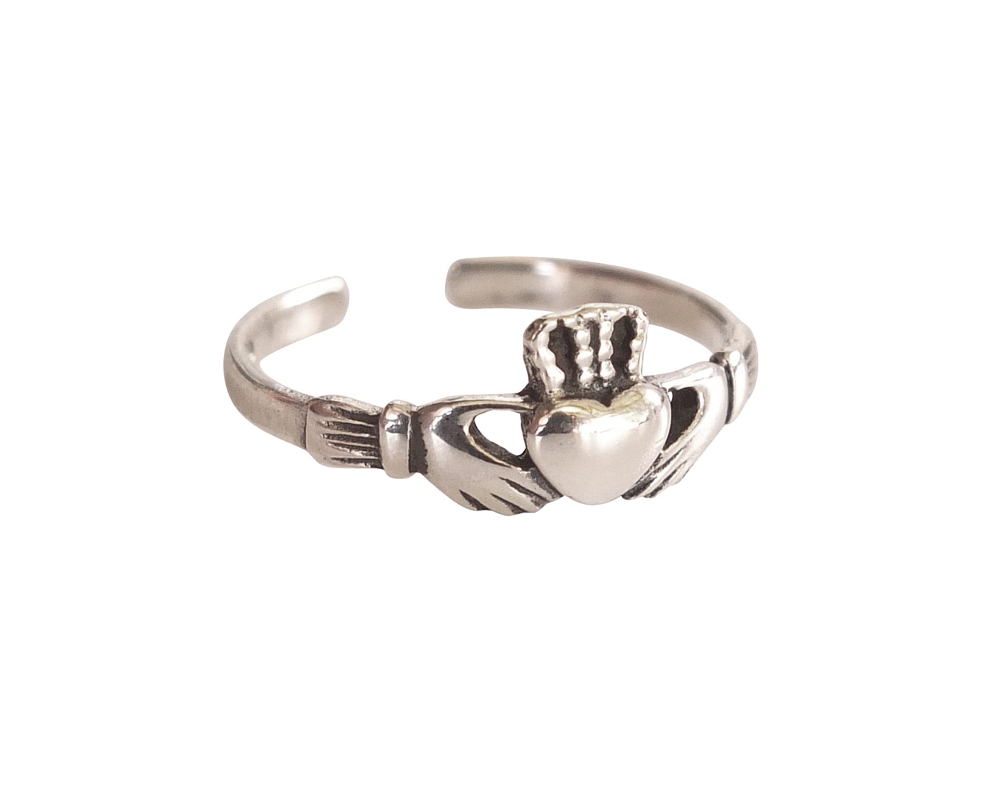 Handmade Silver Irish Claddagh Toe Ring, 925 Sterling Silver, Adjustable, Non Tarnish, Engagement, Crown Heart, Open Toe, Pinky, or Knuckle Rings for Women (Silver-Claddagh (077))