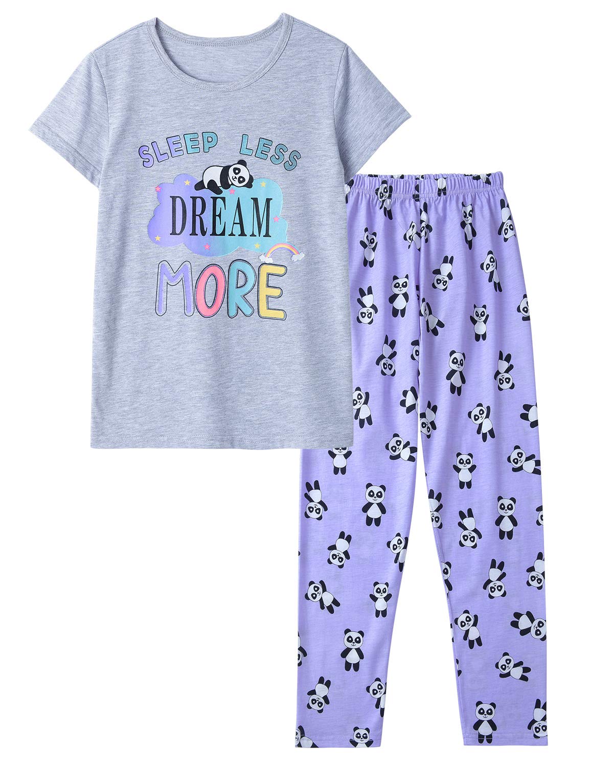 Jashe Panda Pajamas for Girls Size 12 Short Sleeve & Pants Fall PJ Pal Toddler Kids Jammies Set Grey & Purple
