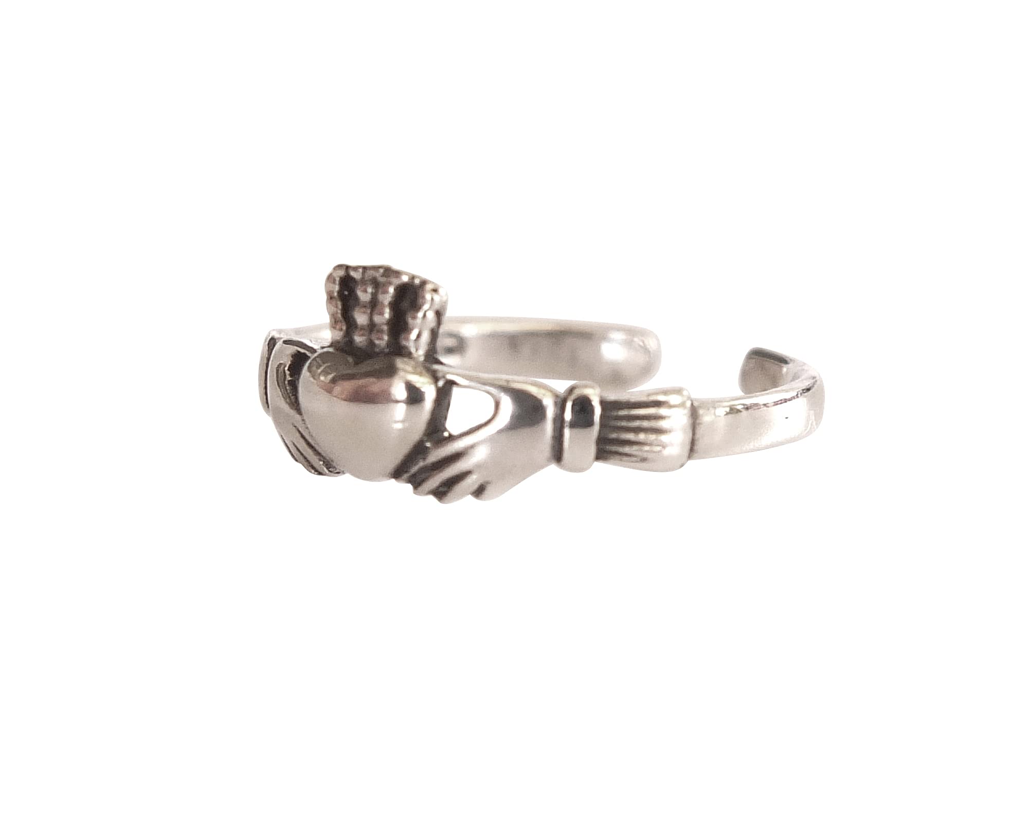 Handmade Silver Irish Claddagh Toe Ring, 925 Sterling Silver, Adjustable, Non Tarnish, Engagement, Crown Heart, Open Toe, Pinky, or Knuckle Rings for Women (Silver-Claddagh (077))