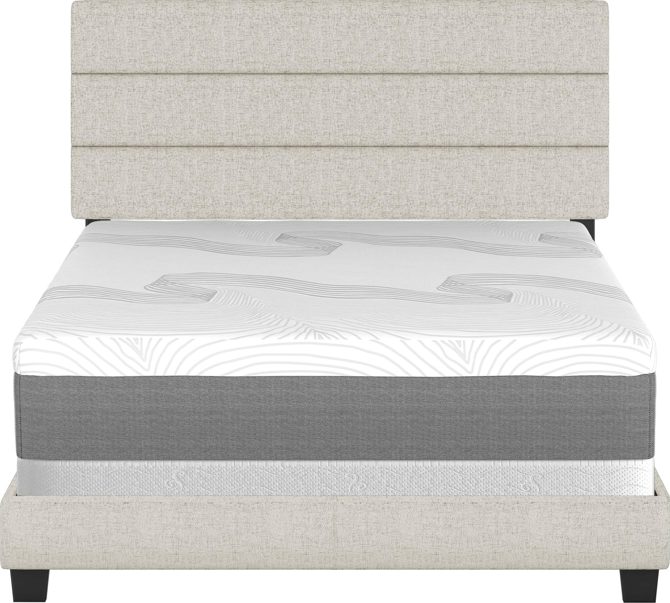 Boyd Sleep Ravenna Upholstered Platform Bed Frame Mattress Foundation with Tri-Panel Headboard and Strong Wood Slat Supports: Linen, White, Full