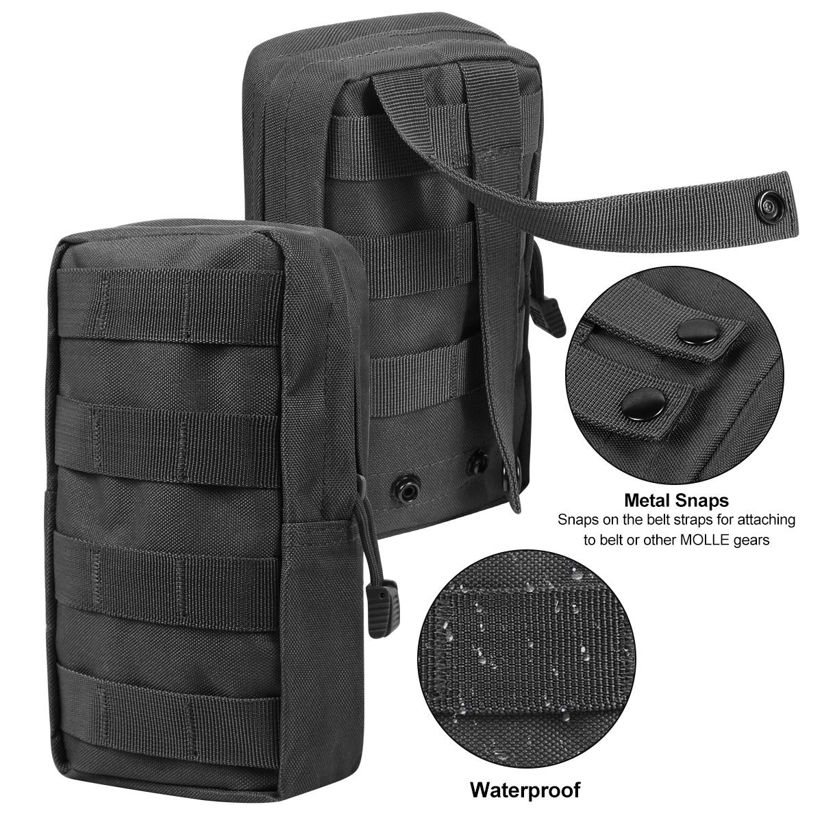 Gogoku 3-Pack Combo Molle Pouch Water Bottle Pouch Holder with Detachable Flag Patch & 5 D-Ring Clip Tactical Molle Pouches Compact Utility EDC Waist Bag Pack Black