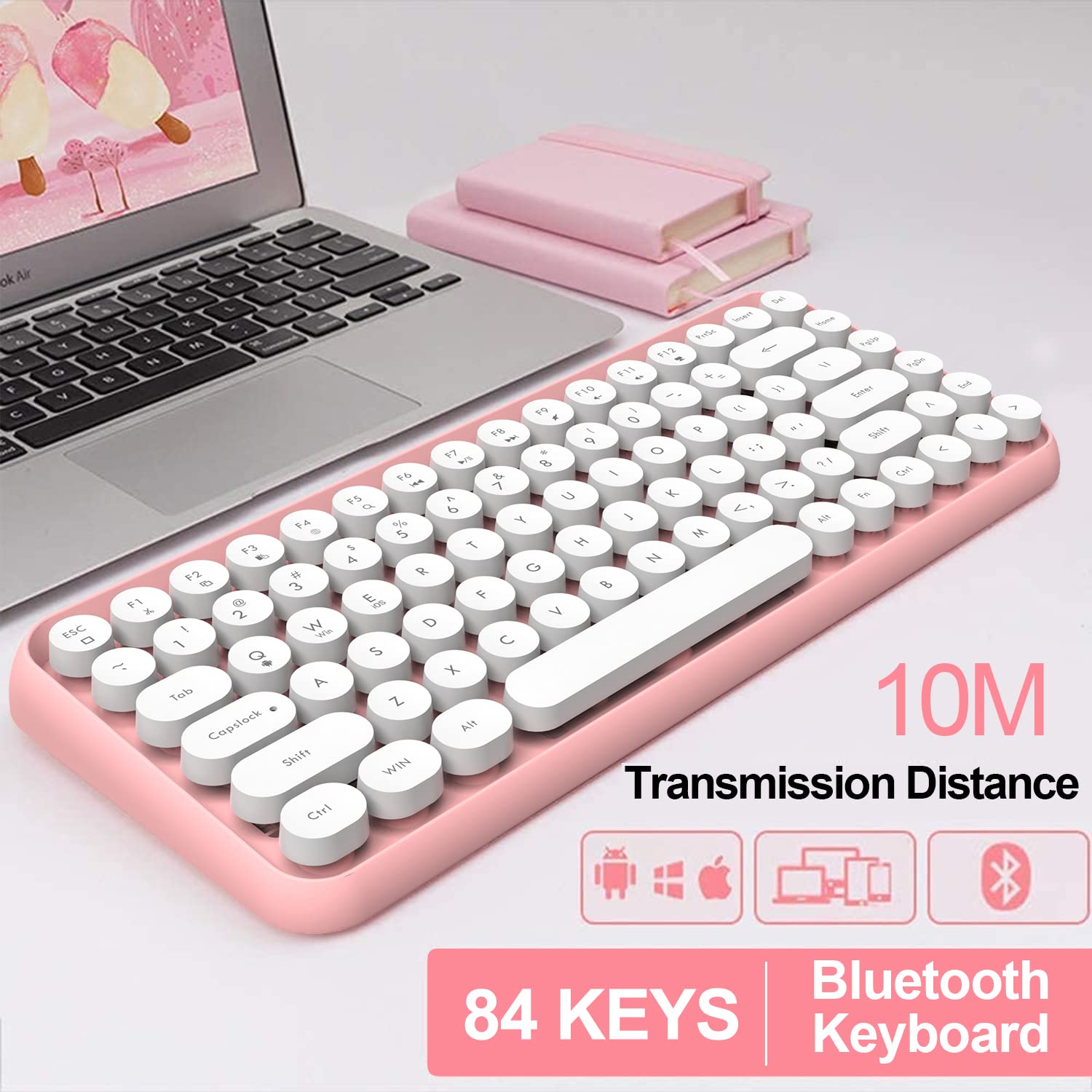 FELICON Wireless Bluetooth Keyboard, Mini Portable 84-Key Typewriter Retro Round Keycaps Keyboard,Compatible with Android, Windows, PC, Tablet-Dark, Perfer for Home and Office Keyboards(Pink)