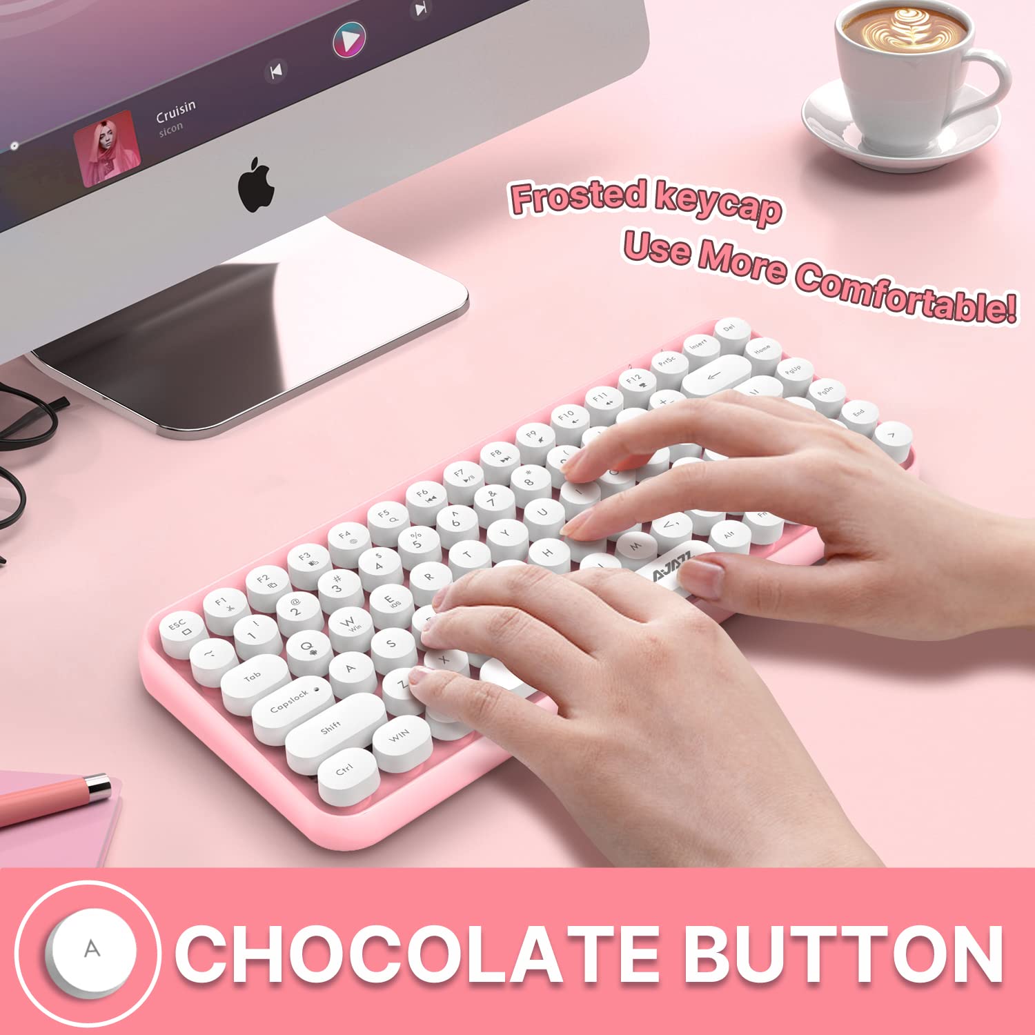 FELICON Wireless Bluetooth Keyboard, Mini Portable 84-Key Typewriter Retro Round Keycaps Keyboard,Compatible with Android, Windows, PC, Tablet-Dark, Perfer for Home and Office Keyboards(Pink)