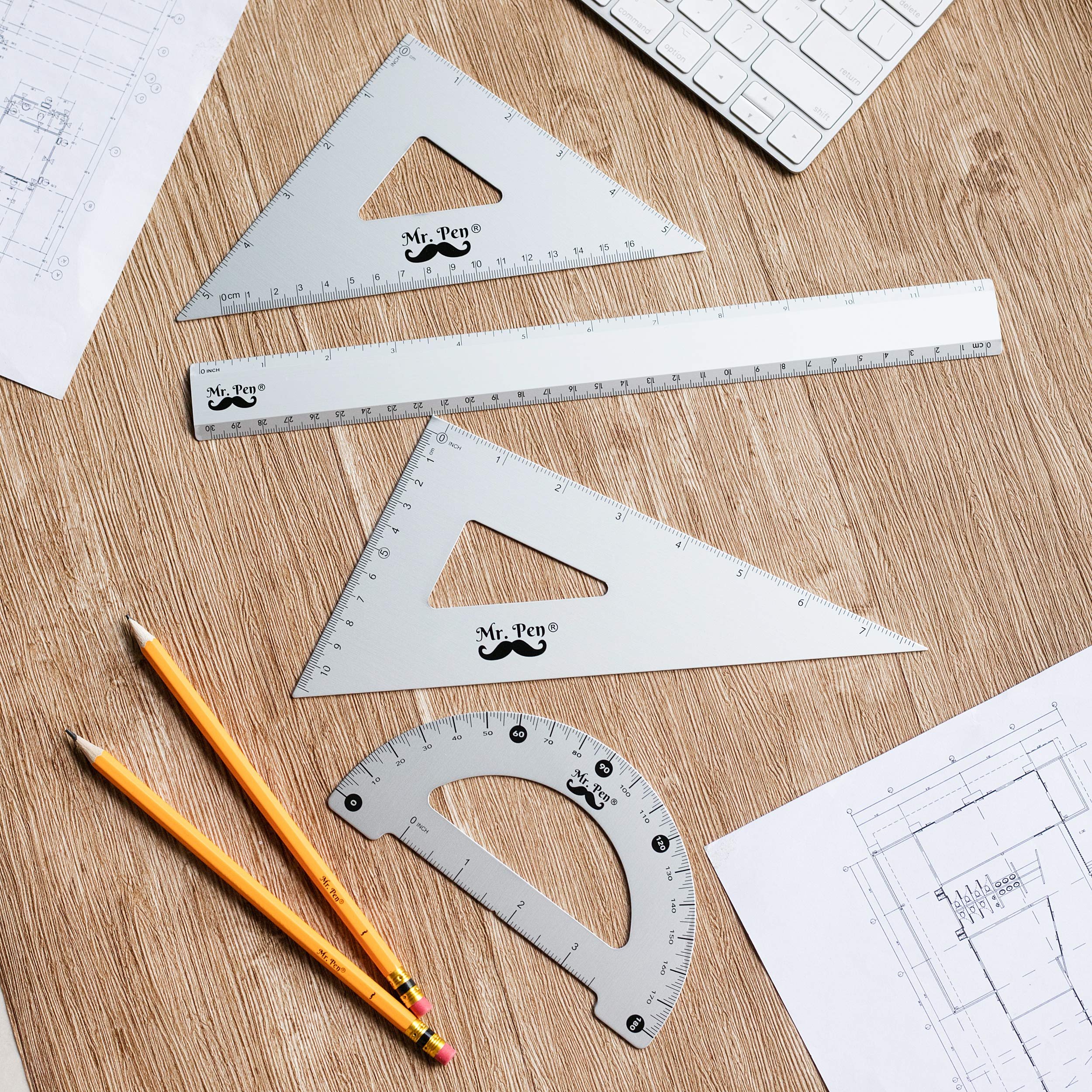 Mr. Pen– Metal Geometry Set, 4Pack, Metal Protractor, Aluminum Ruler, Metal Set Square, Triangle Ruler, Drafting Triangles, Triangle Ruler, Protractor Metal, Drafting Set, Geometry Kit, Drafting Ruler
