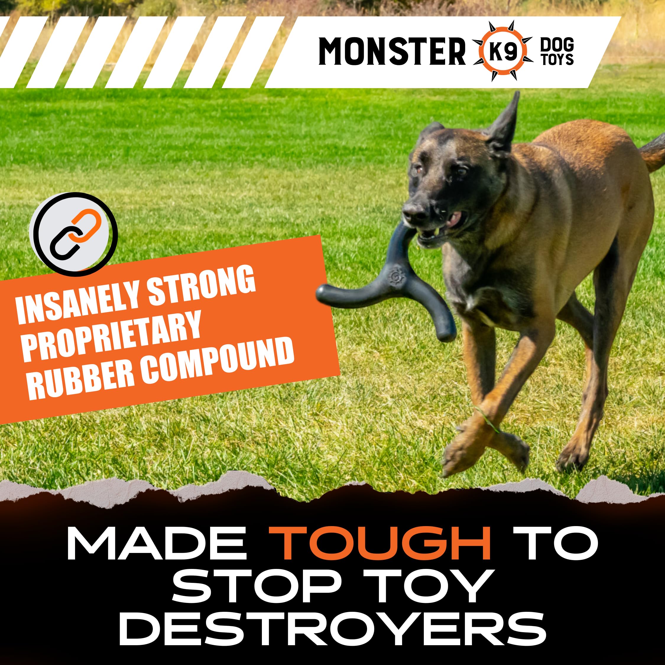 Monster K9 Ultra Durable Boomerang Dog Toy - Medium & Large Breed - for Super Aggressive Power Chewers - Tough & Strong, Extreme Heavy Duty Natural Rubber - Fetch, Tug, & Chew - 8" Dia.