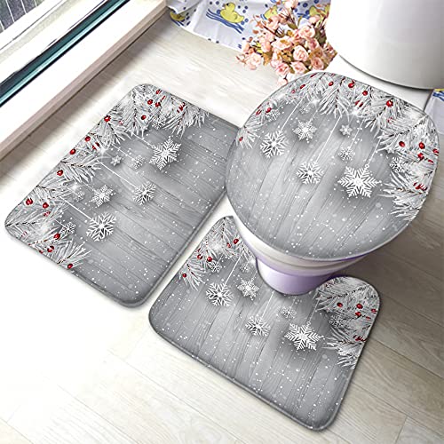 WONDERTIFY Snowflakes Bathroom Antiskid Pad Hanging Christmas Tree Branches 3 Pieces Bathroom Rugs Set, Bath Mat+Contour+Toilet Lid Cover Wooden
