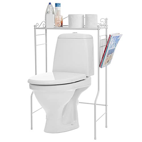 MyGift White Metal Bathroom Over The Toilet Shelf with Magazine Basket, Space Saver Freestanding Storage Organizer Rack