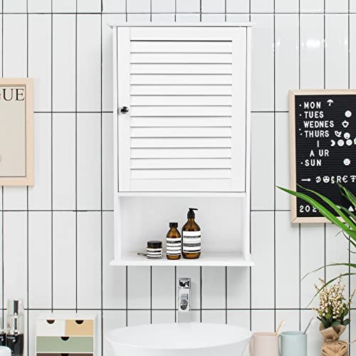 Tangkula Medicine Cabinet, Wall Mounted Bathroom Cabinet Single Door Wooden Bathroom Wall Cabinet with Adjustable Shelf