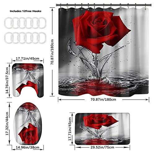 MrLYouth Red Rose Shower Curtain Sets with Non-Slip Rugs,Bath Mat,Toilet Lid Cover and 12 Hooks,Waterproof Polyester Modern Style Flower with Water Pattern Bath Sets Bathroom Decor 4Pcs
