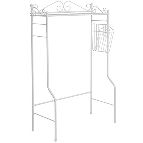 MyGift White Metal Bathroom Over The Toilet Shelf with Magazine Basket, Space Saver Freestanding Storage Organizer Rack