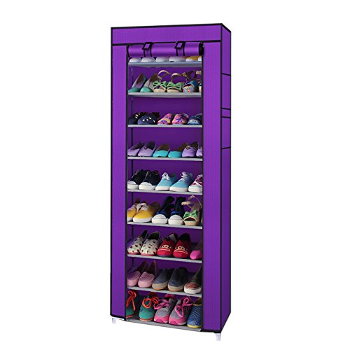 MallMall 10 Tiers Shoe Rack with Dustproof Cover Closet ,30-Pair Shoes Rack Storage Cabinet Organizer (Purple)