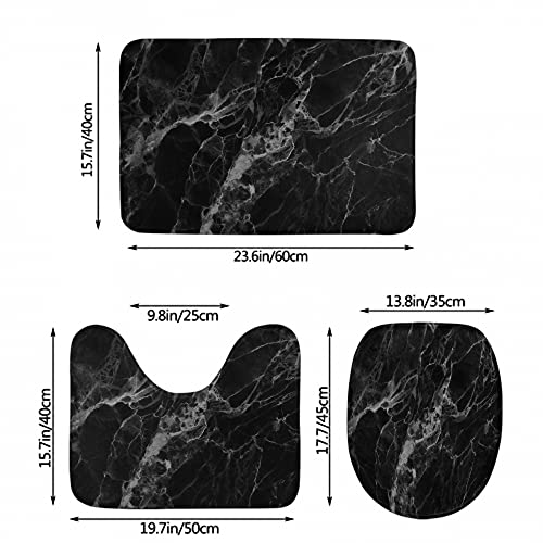 WONDERTIFY Black Marble Bathroom Antiskid Pad Luxury Dark Rock Smooth Surface 3 Pieces Bathroom Rugs Set, Bath Mat+Contour+Toilet Lid Cover