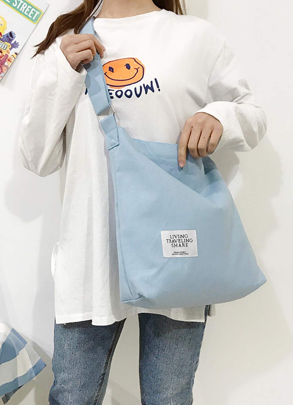 Covelin Women's Retro Large Size Canvas Shoulder Bag Hobo Crossbody Handbag Casual Tote Light Blue