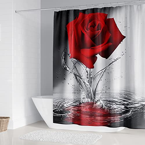 MrLYouth Red Rose Shower Curtain Sets with Non-Slip Rugs,Bath Mat,Toilet Lid Cover and 12 Hooks,Waterproof Polyester Modern Style Flower with Water Pattern Bath Sets Bathroom Decor 4Pcs