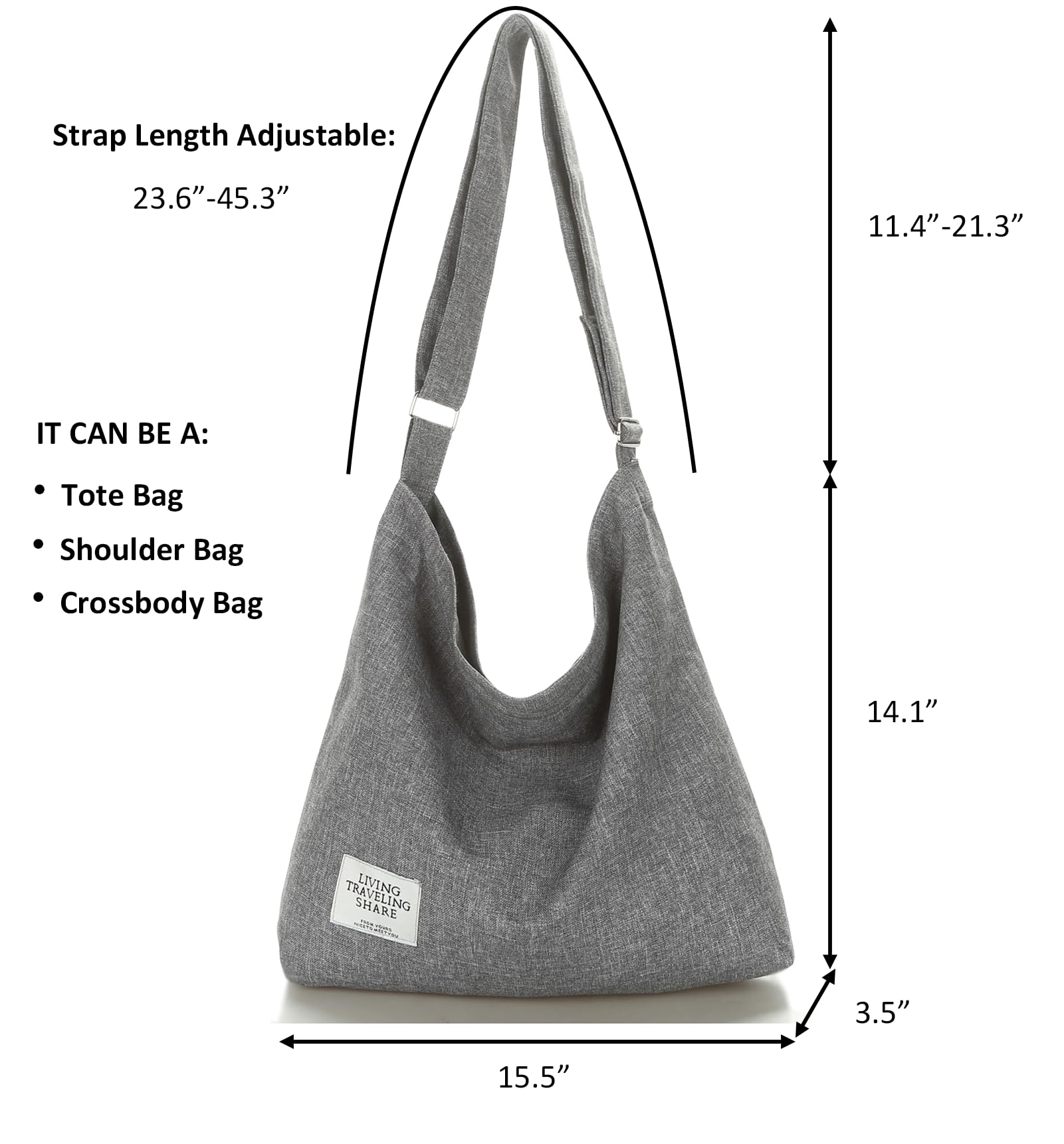 Covelin Women's Retro Large Size Canvas Shoulder Bag Hobo Crossbody Handbag Casual Tote Light Blue