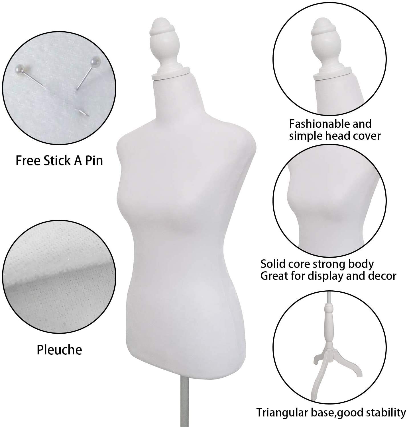 Female Dress Form Mannequin Torso Body with Adjustable Tripod Stand Dress Jewelry Display (White)