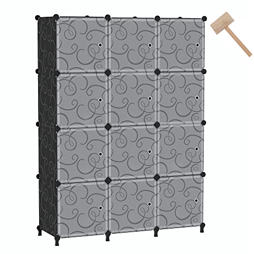 AWTATOS 12 Cube Storage Organizer with Doors, DIY Plastic Closet Storage Shelf, Modular Storage Bookshelf, Stackable Storage Shelving Rack for Bedroom, Home, Living Room, Black ULPZ012