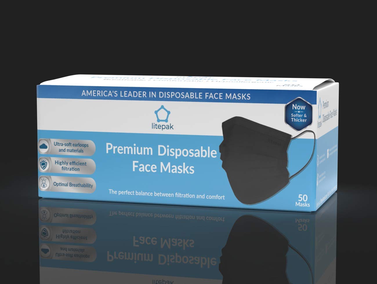 Litepak 2000pcs Disposable Face Masks Black 3-Ply Adult Mask Nose Wire Protection - Breathable Protective Face Covering (Black)