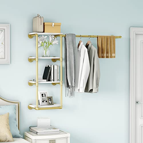 Wall Mounted Pipe Clothing Rack with Shelf,Gold Industrial Clothes Rack with 4 Tier Closet Bar Heavy Duty Iron Garment Rack, Retail Display Clothes Rod for Hanging Clothes,Laundry Room (Gold)
