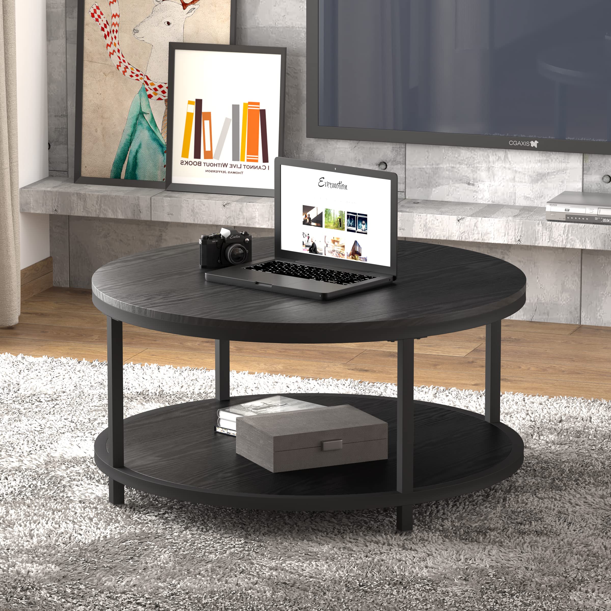NSdirect 36 inches Round Coffee Table, Rustic Wooden Surface Top & Sturdy Metal Legs Industrial Sofa Table for Living Room Modern Design Home Furniture with Storage Open Shelf (Black)