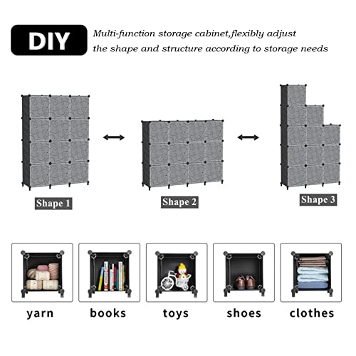 AWTATOS 12 Cube Storage Organizer with Doors, DIY Plastic Closet Storage Shelf, Modular Storage Bookshelf, Stackable Storage Shelving Rack for Bedroom, Home, Living Room, Black ULPZ012