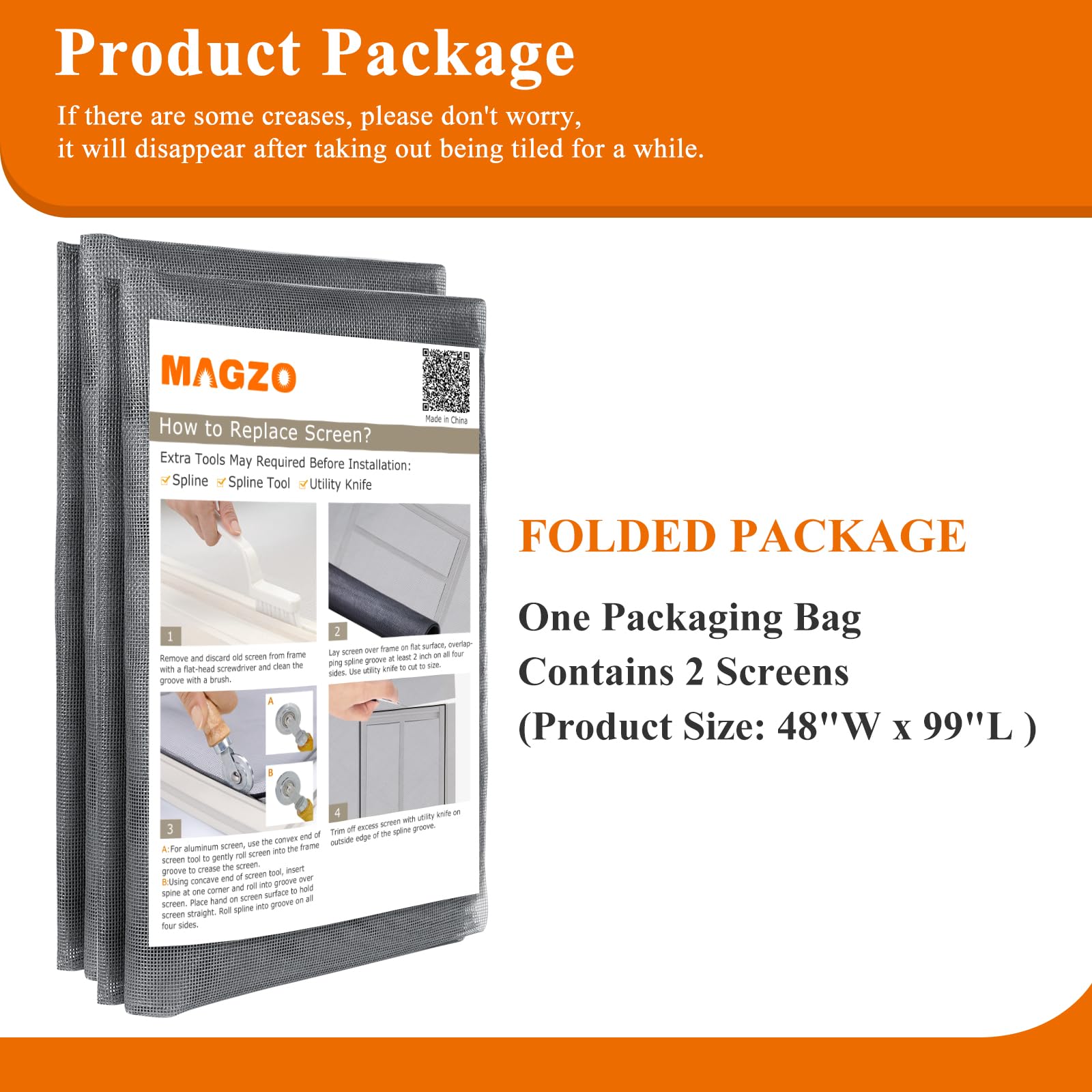 2PACK MAGZO Window Screen and Screen Door Replacement Mesh, 48" W x 99" L, Upgraded Polyester, Net Netting Curtain Wire Repair for Camper/Sliding Glass/Patio/French/Balcony/Back Windows Doors, Grey