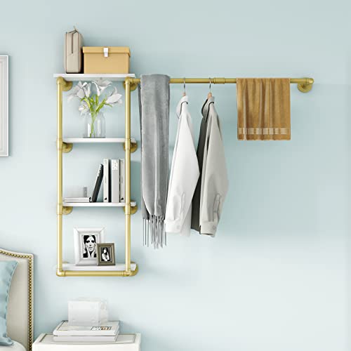 Wall Mounted Pipe Clothing Rack with Shelf,Gold Industrial Clothes Rack with 4 Tier Closet Bar Heavy Duty Iron Garment Rack, Retail Display Clothes Rod for Hanging Clothes,Laundry Room (Gold)