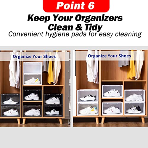 Letusto Premium Shoe Storage Boxes - Clear Plastic Shoe Throne Display Case (6 pack, Neon Green), Stackable Shelves Large Sneaker Containers Cases with Lids + 6 Hygiene Pads & Shapers