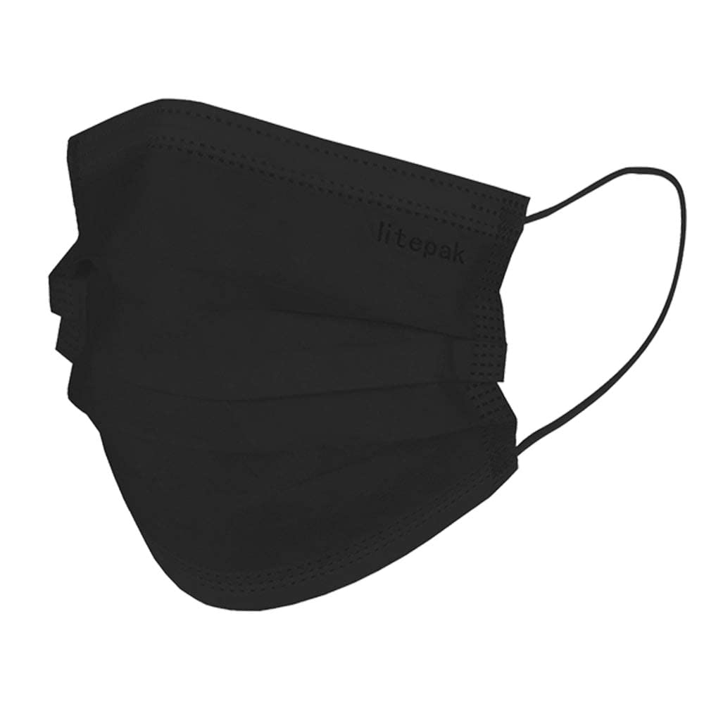 Litepak 2000pcs Disposable Face Masks Black 3-Ply Adult Mask Nose Wire Protection - Breathable Protective Face Covering (Black)