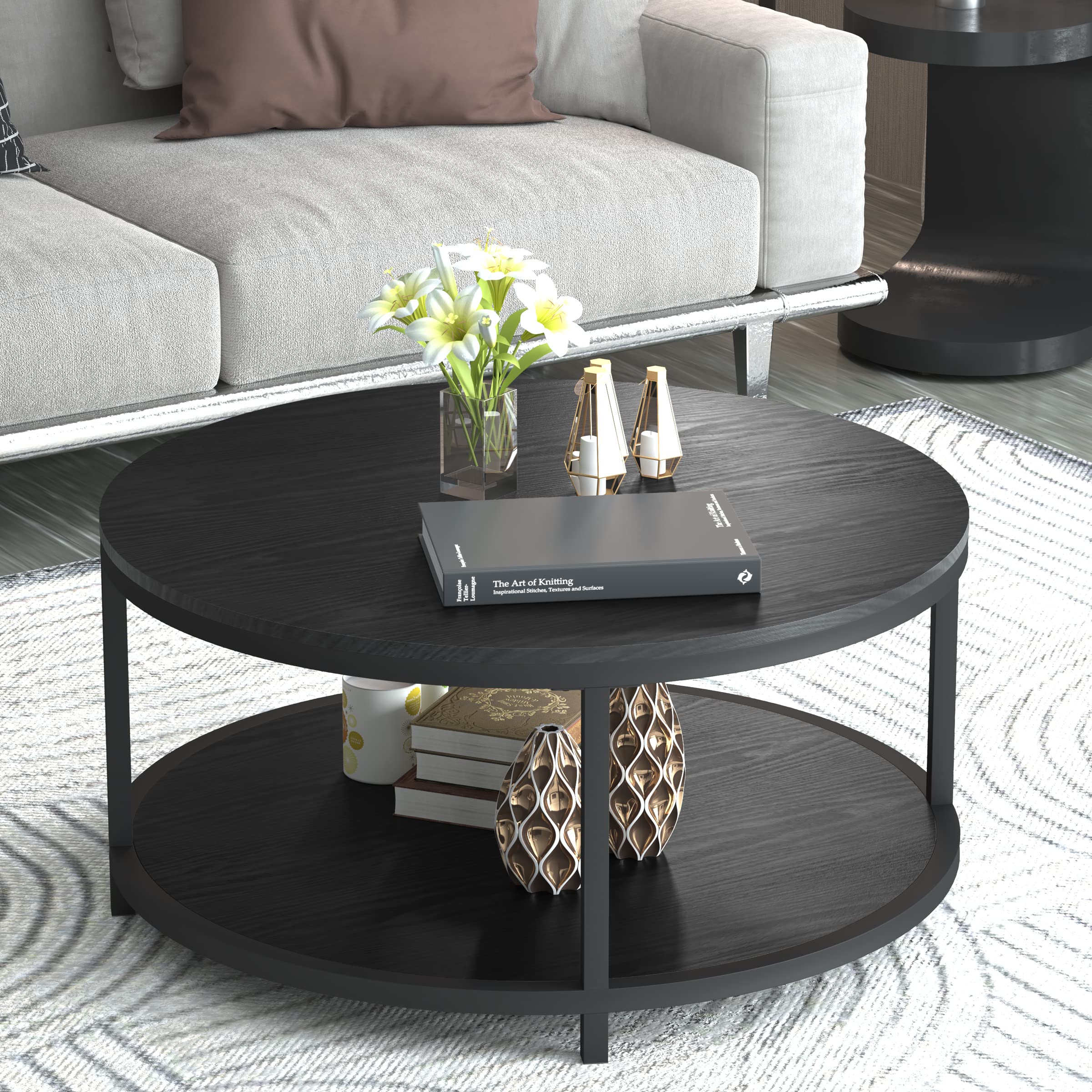 NSdirect 36 inches Round Coffee Table, Rustic Wooden Surface Top & Sturdy Metal Legs Industrial Sofa Table for Living Room Modern Design Home Furniture with Storage Open Shelf (Black)