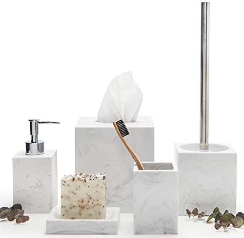 Kurrajong Farmhouse 5 Piece Bathroom Accessories Set | Faux Marble Bathroom Accessory Set | Faux Marble White Bathroom Set | Tissue Box, Toilet Brush, Soap Dish, Soap Dispenser, Toothbrush Holder