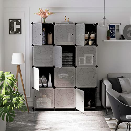 AWTATOS 12 Cube Storage Organizer with Doors, DIY Plastic Closet Storage Shelf, Modular Storage Bookshelf, Stackable Storage Shelving Rack for Bedroom, Home, Living Room, Black ULPZ012