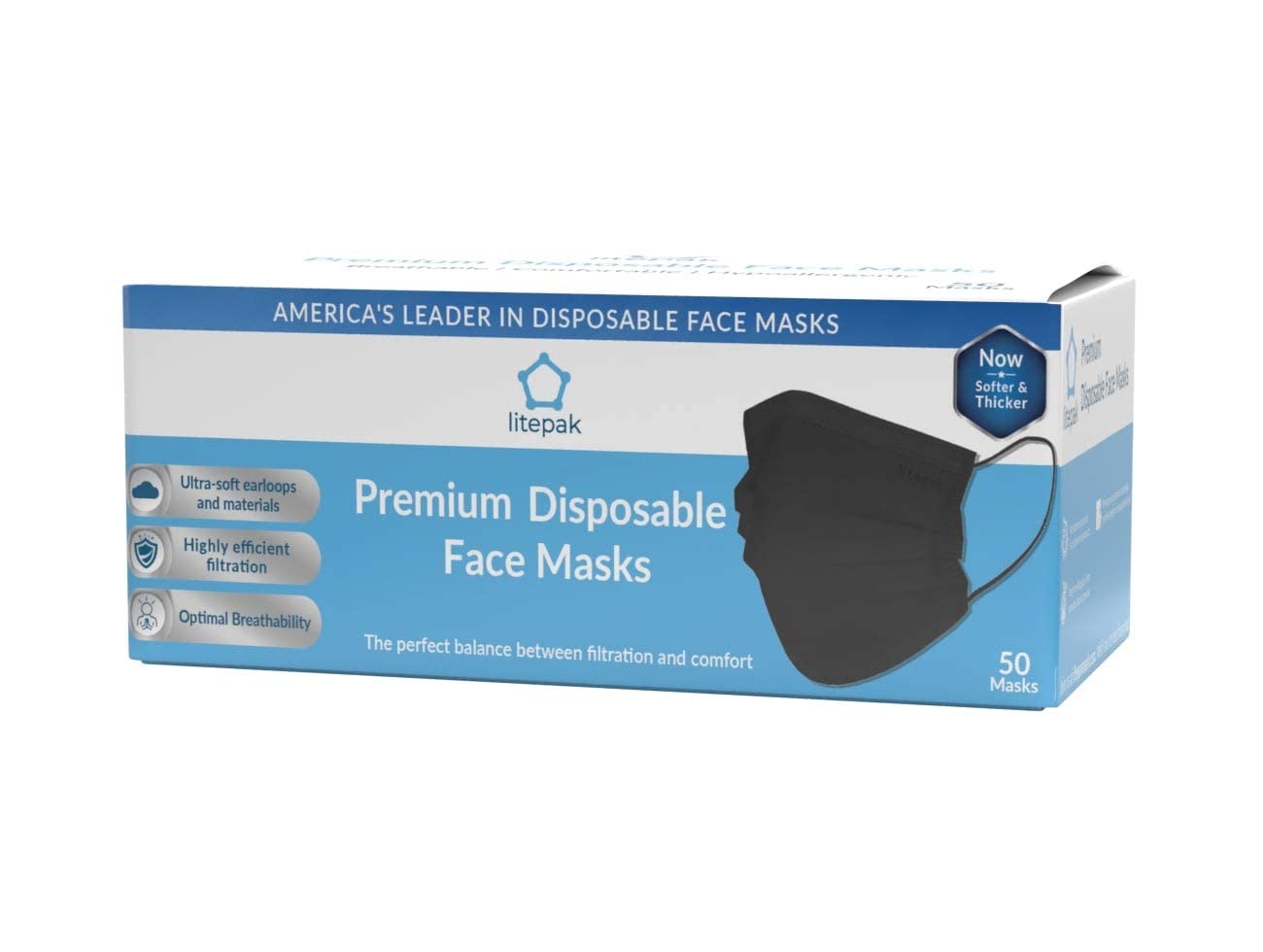 Litepak 2000pcs Disposable Face Masks Black 3-Ply Adult Mask Nose Wire Protection - Breathable Protective Face Covering (Black)