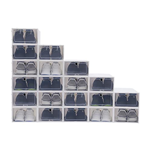 BJTDLLX 20 Pack Shoe Storage Box, Foldable Storage Plastic Shoe Box Set with Clear Door, Stackable Shoe Storage Organizer Clear Drawer Box Front Shoe Box Sneaker Organizer(13”x 9”x 5.5”)