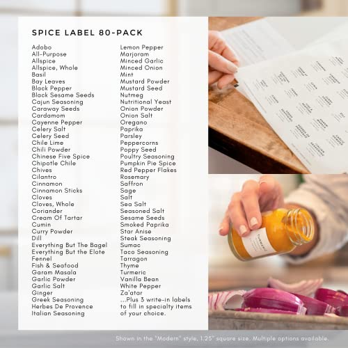 Modern Style White Spice Labels (no Jars) by Paper & Pear - Oil Resistant Kitchen Pantry Labels - 1.25β Square Spice Labels Stickers - Durable Spice Jar Labels Preprinted Waterproof - Set of 80