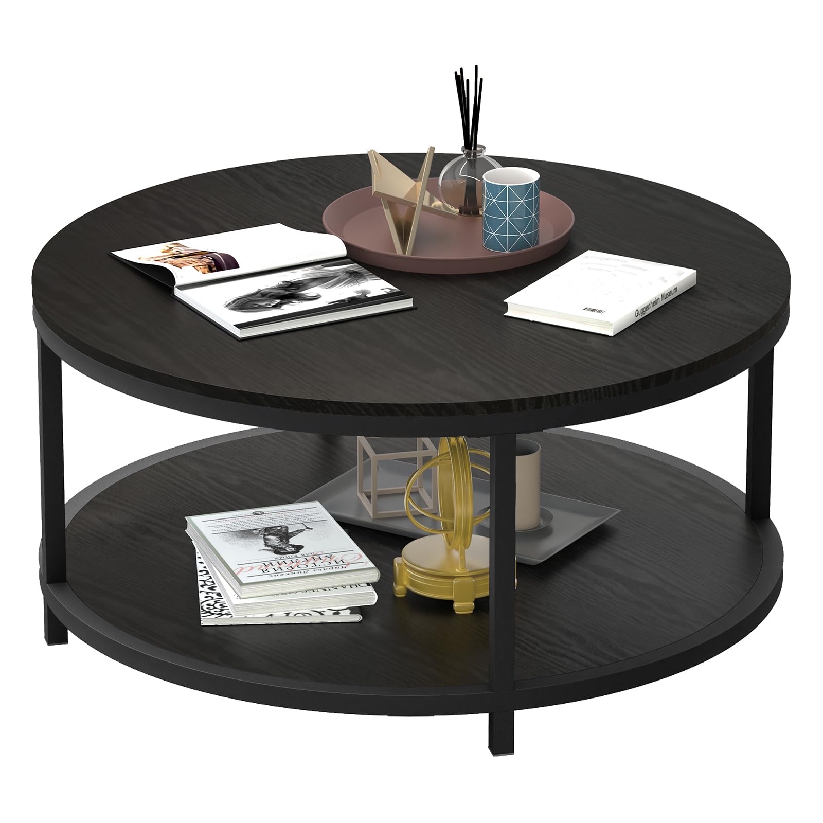 NSdirect 36 inches Round Coffee Table, Rustic Wooden Surface Top & Sturdy Metal Legs Industrial Sofa Table for Living Room Modern Design Home Furniture with Storage Open Shelf (Black)