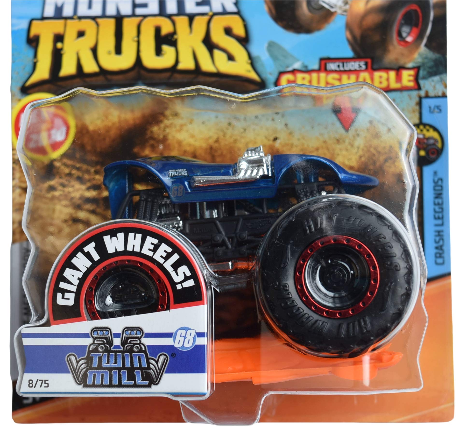 Hot Wheels Monster Trucks 1:64 Scale Twill Mill 8/75 Includes Crushable Car, Blue