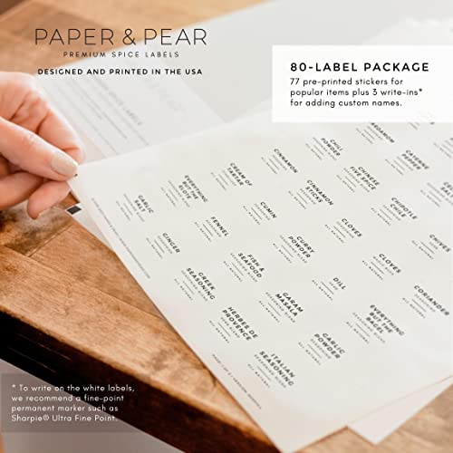 Modern Style White Spice Labels (no Jars) by Paper & Pear - Oil Resistant Kitchen Pantry Labels - 1.25β Square Spice Labels Stickers - Durable Spice Jar Labels Preprinted Waterproof - Set of 80