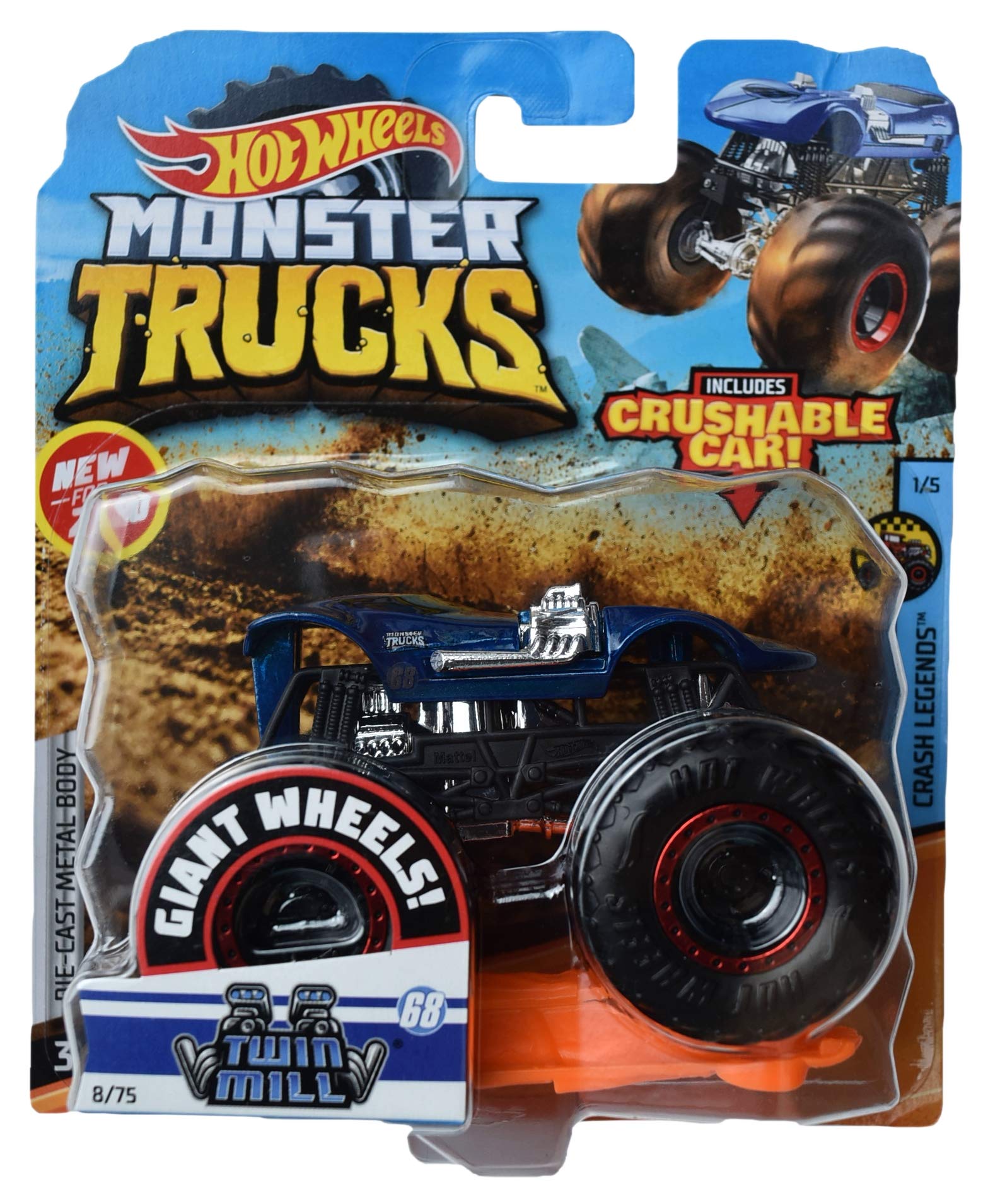 Hot Wheels Monster Trucks 1:64 Scale Twill Mill 8/75 Includes Crushable Car, Blue