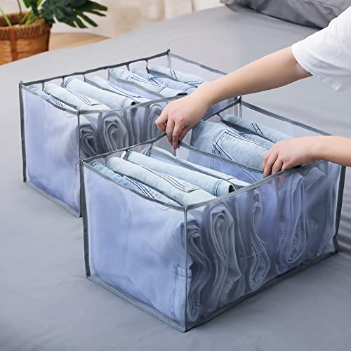 Wardrobe Clothes Organizer Portable Storage Baskets 2pcs Plus Size 16.5x11.8x9.8inch, Jeans Leggings Compartment Storage Box Closet, 7 Grids Folding Clothes Drawer Mesh Separation Organizer LB000320