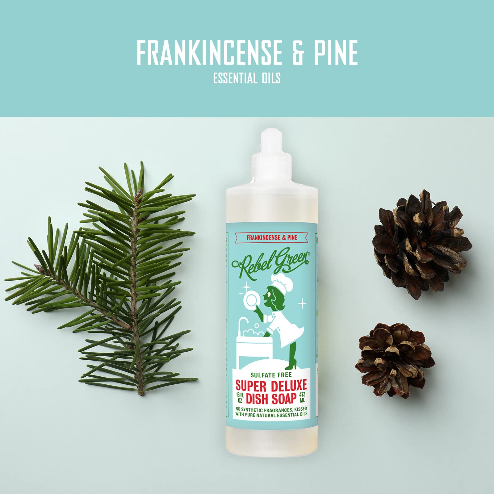 Rebel Green Super Deluxe Frankincense and Pine Scent Dish Soap, Sulfate Free, 16 Ounce (Pack of 4)