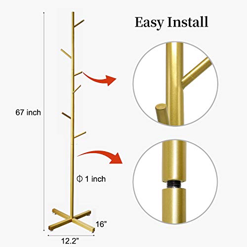 Jolitac Modern Metal Coat Rack in Gold Free Standing 7 Hooks Hall Tree in Corner, Hat Hanger & Coat Racks Stand Entryway Organizer for Clothes, Bags, Umbrella (Golden)