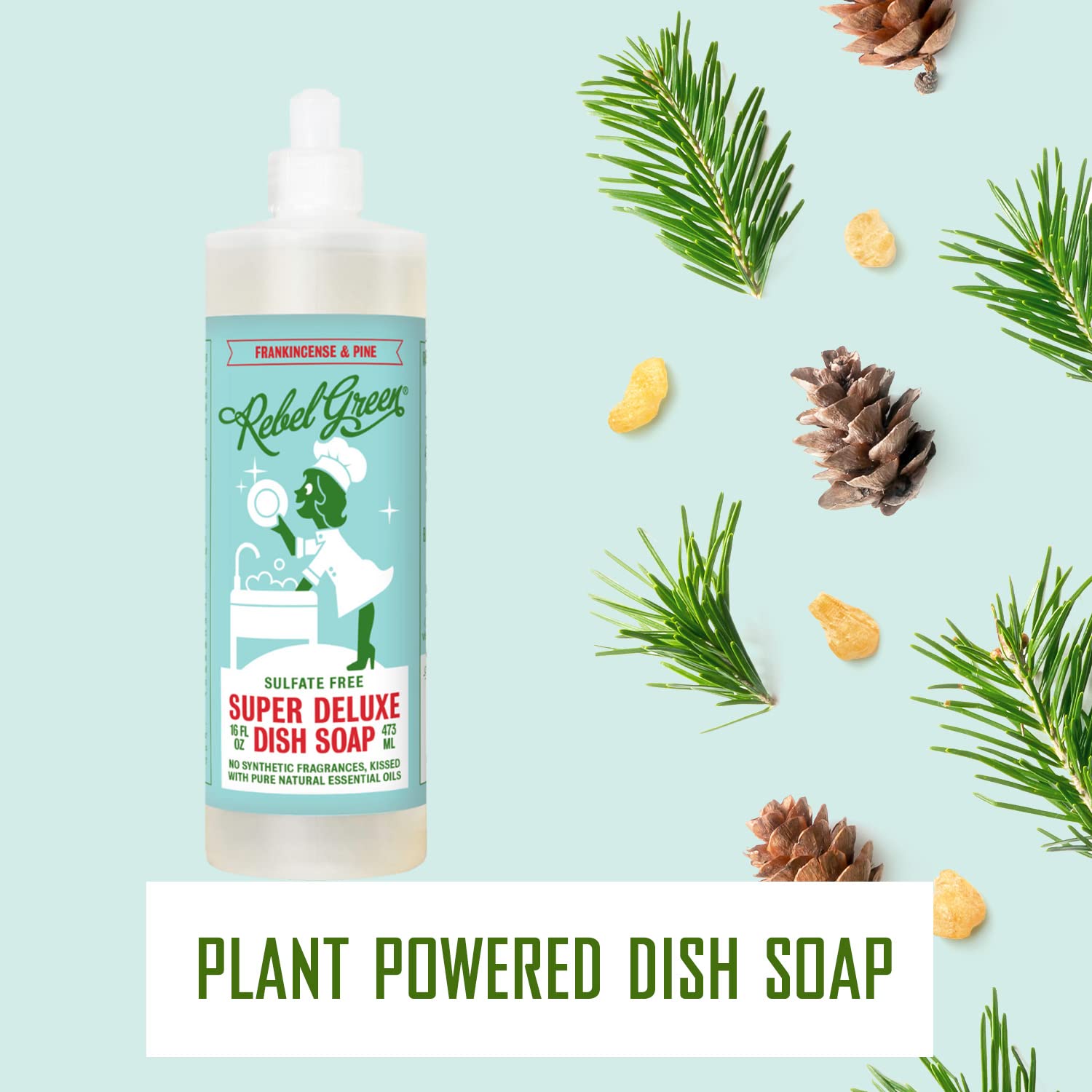 Rebel Green Super Deluxe Frankincense and Pine Scent Dish Soap, Sulfate Free, 16 Ounce (Pack of 4)
