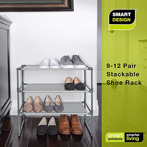 Smart Design Shoe Rack Shelf - Stackable - Laminated Liner - Steel Metal Frame - 3-Tier Holds 9 Pairs - Entryway, Closet, & Garage - Home Organization