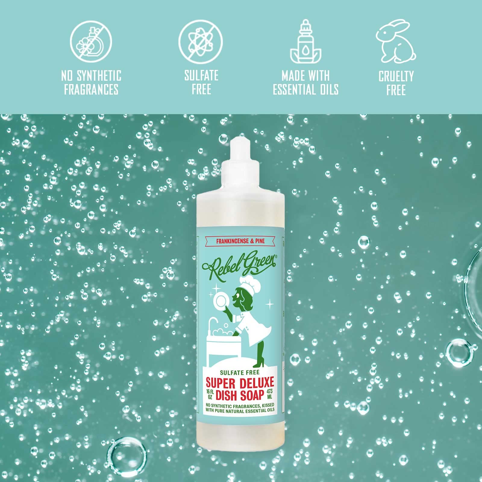 Rebel Green Super Deluxe Frankincense and Pine Scent Dish Soap, Sulfate Free, 16 Ounce (Pack of 4)